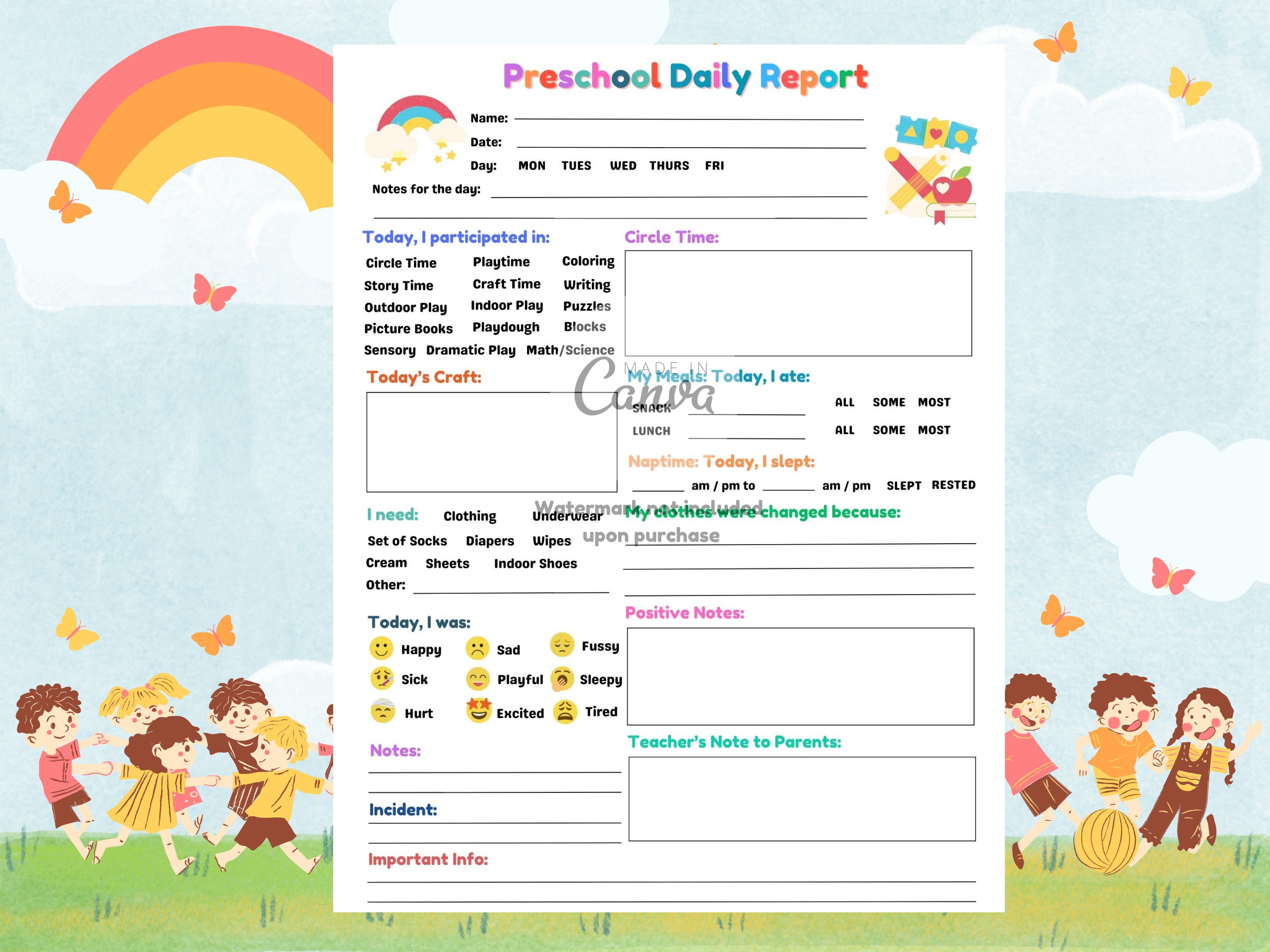 Preschool Daily Log Report Template, Children's Daily Log Report, Daily ...