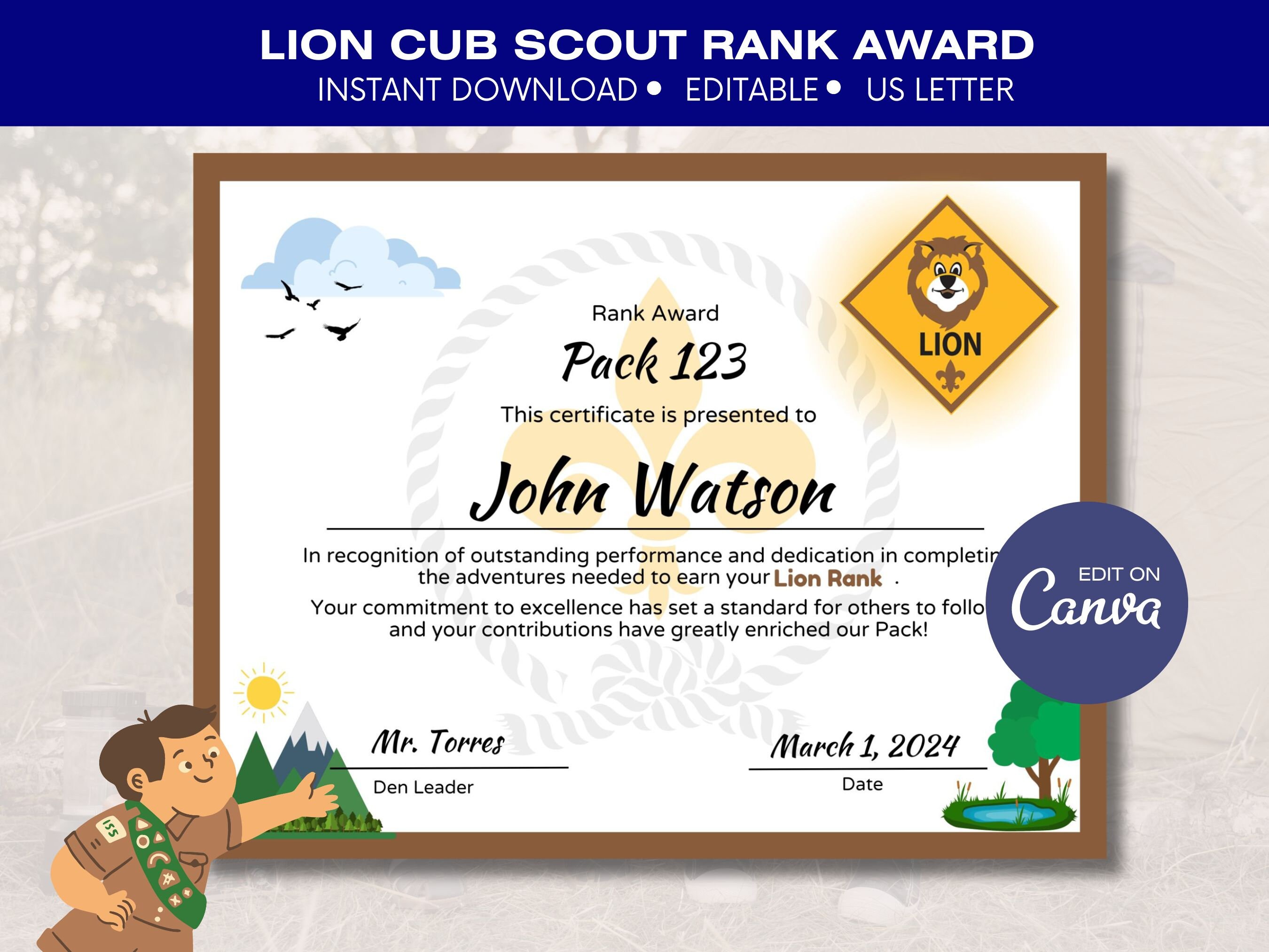 2024 DIY Lion Cub Scout Rank Certificate Boy Scout Achievement Award ...