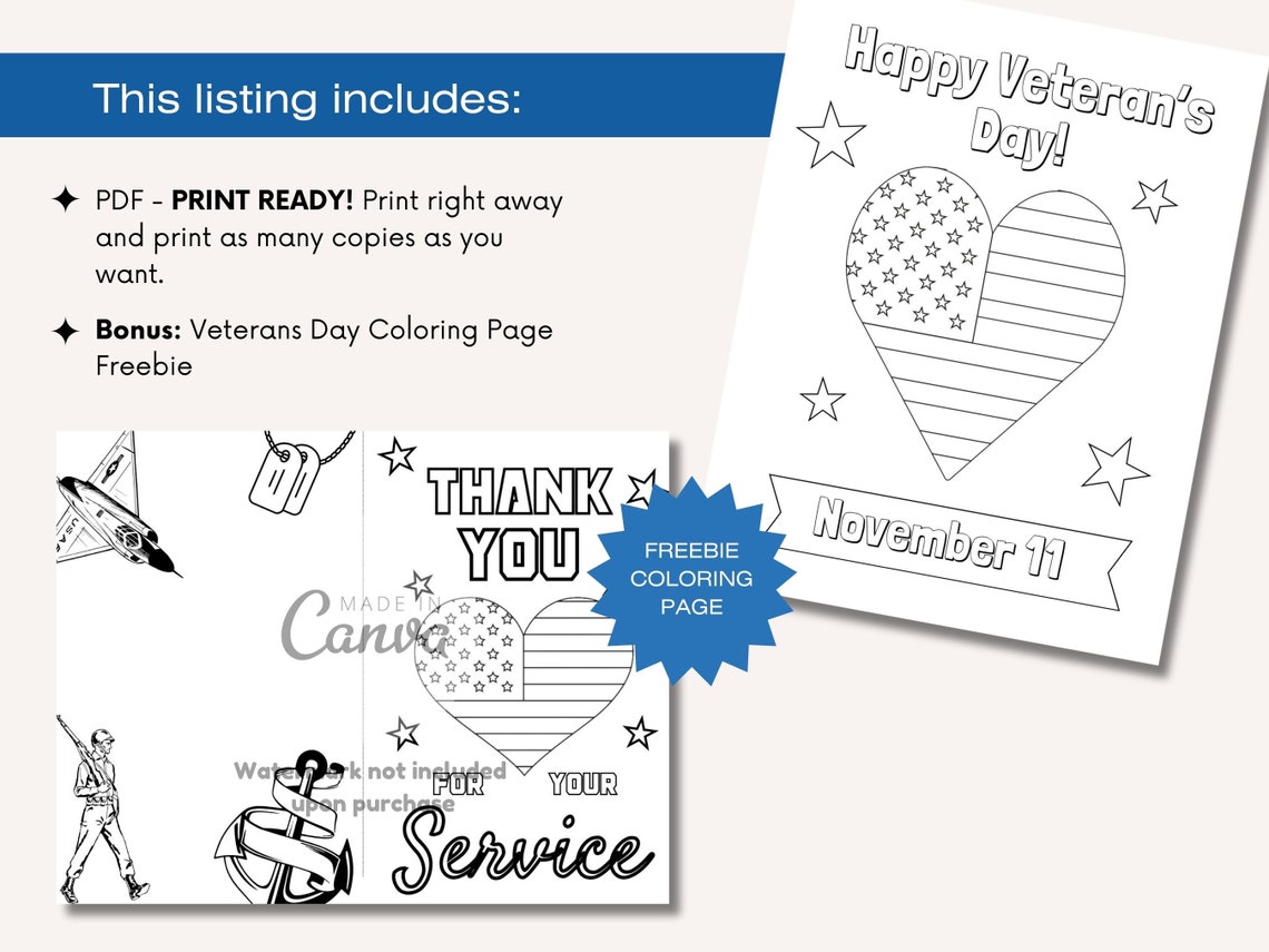 Happy Veterans Day Coloring Page Veterans Day Thank You Card - Etsy