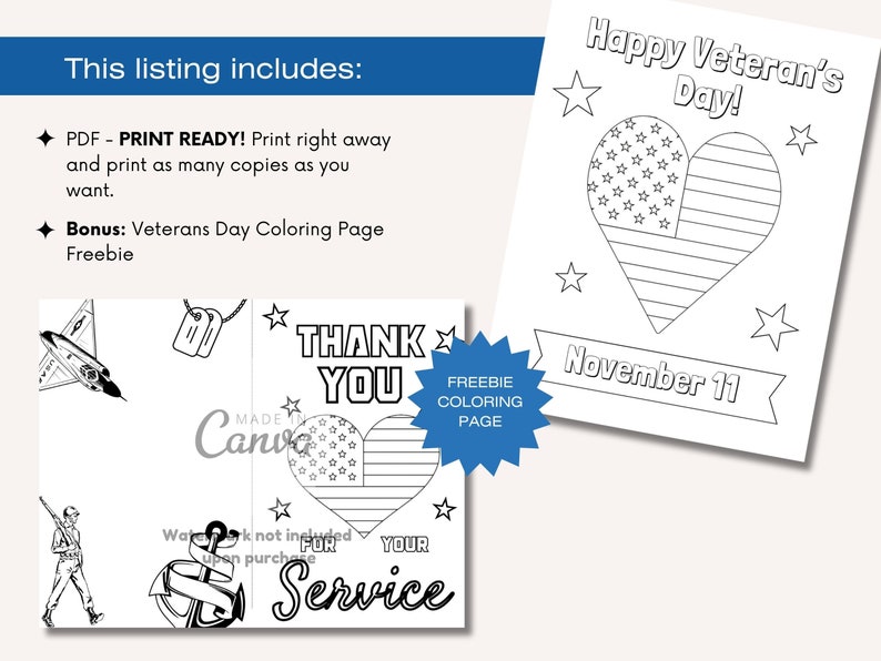 Happy Veterans Day Coloring Page Veterans Day Thank You Card - Etsy