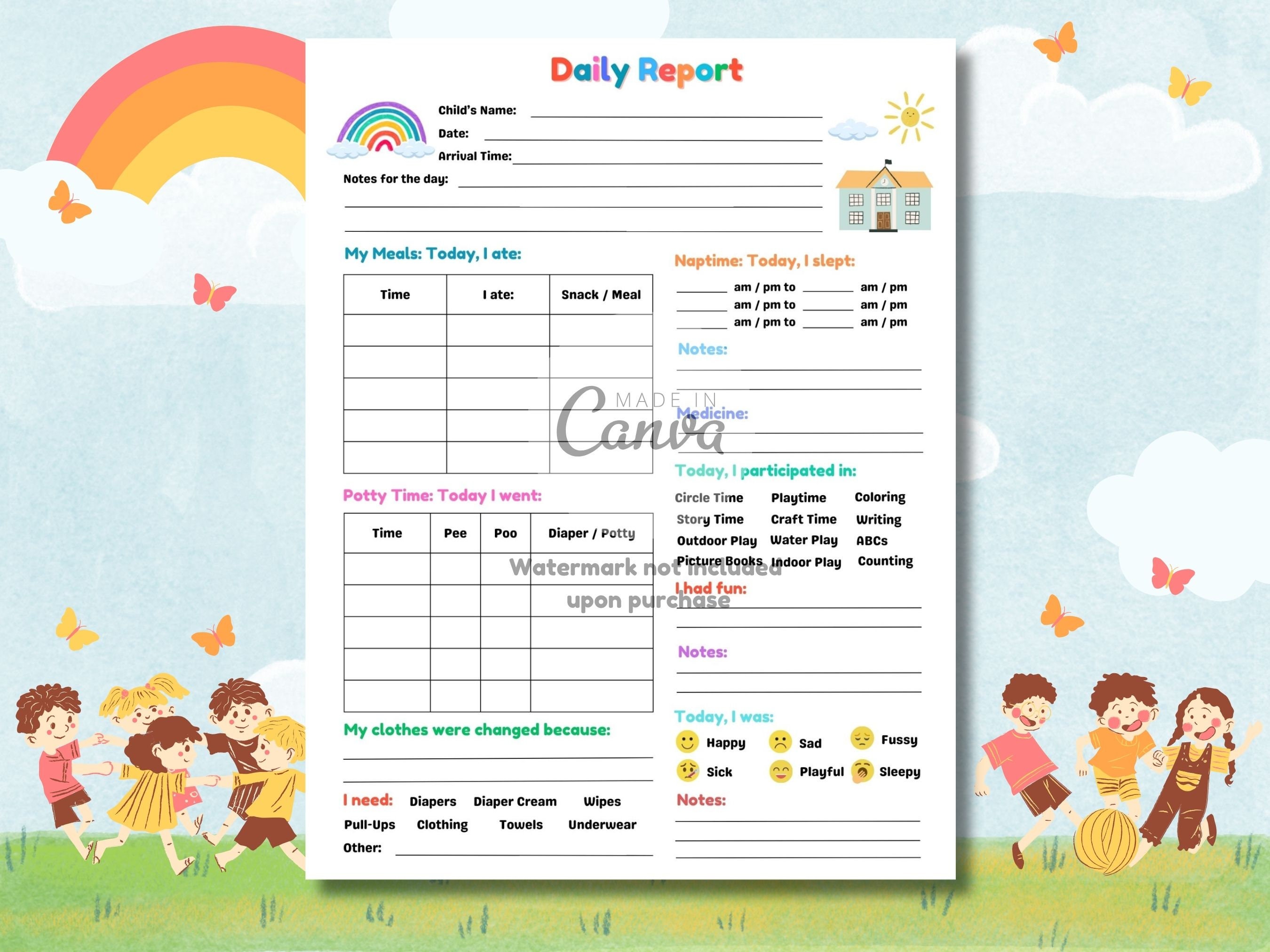 Daycare Daily Log Printable Report Tracker for Pre-k, Children's Daily ...