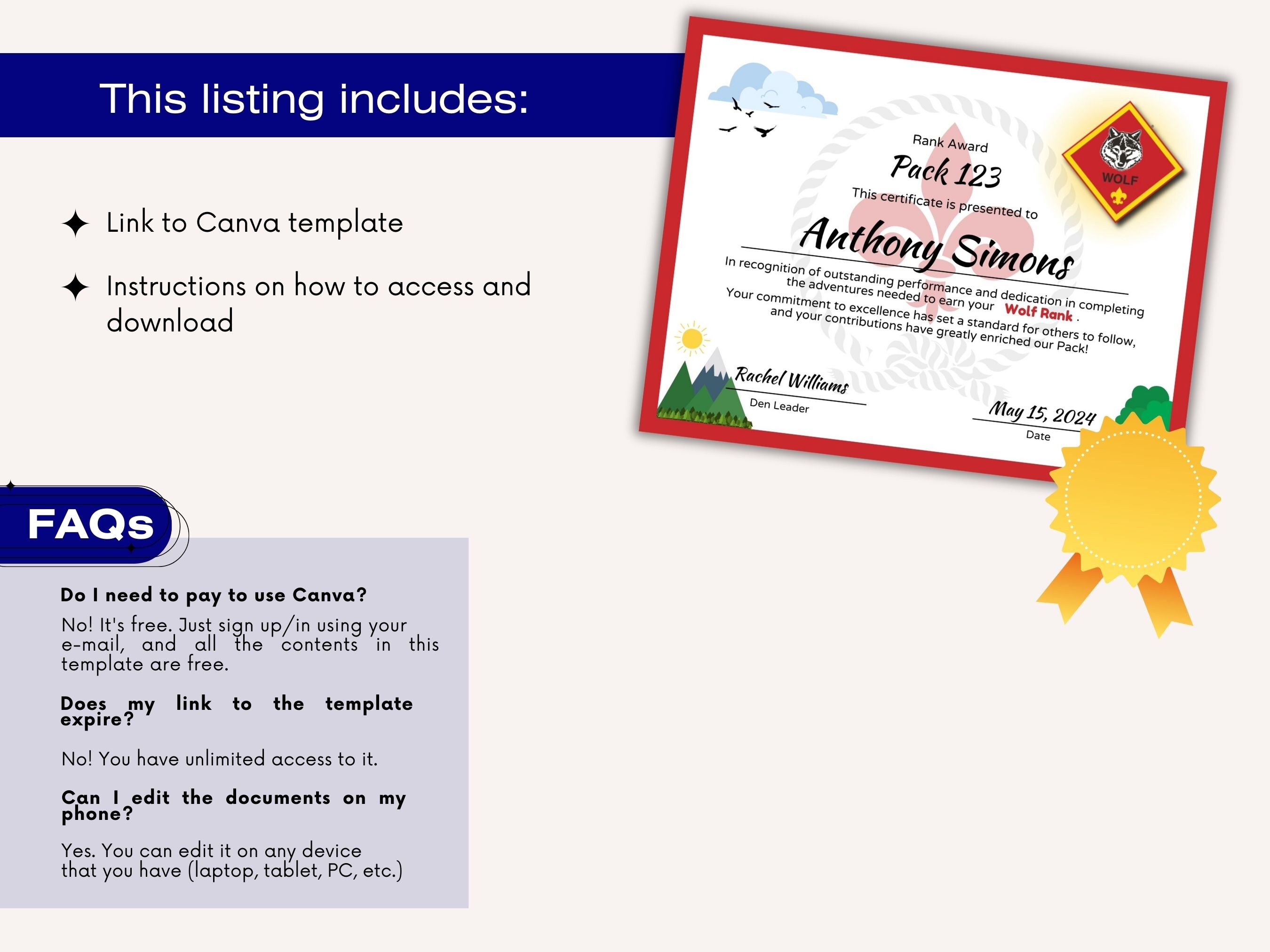 2024 DIY Wolf Cub Scout Rank Certificate Boy Scout Achievement Award ...