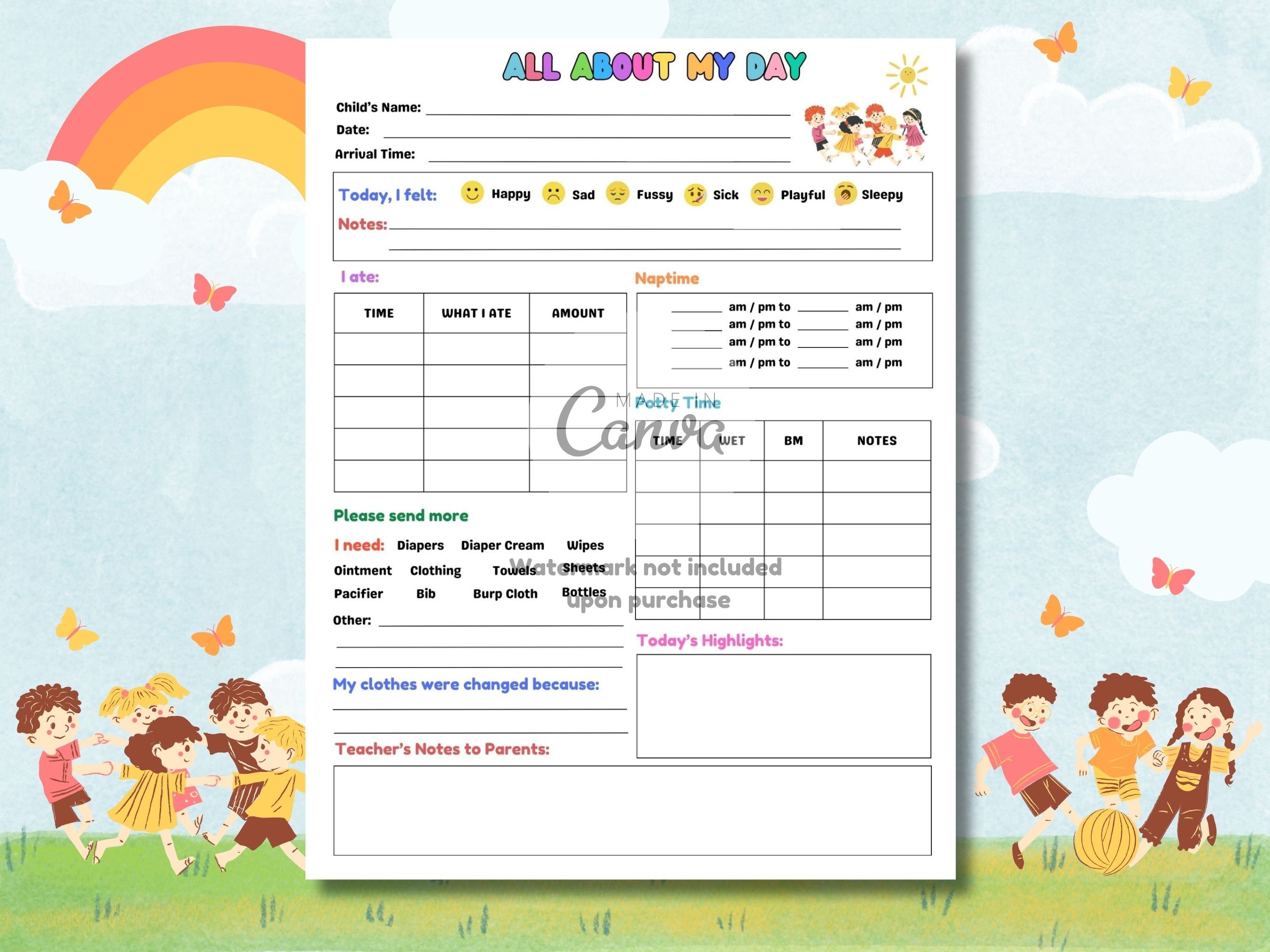 All About My Day Daily Report Template, Daycare Daily Log Report ...