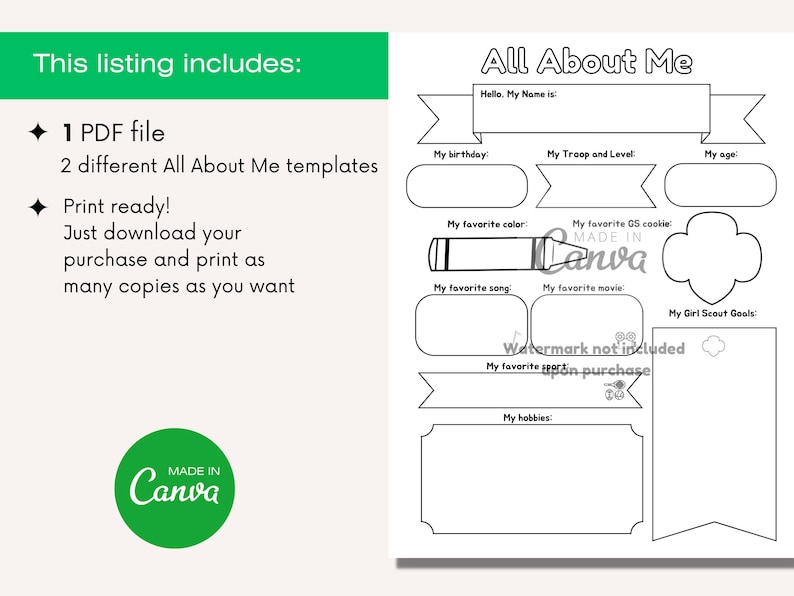 Girl Scouts Info Sheet Template, Girl Scout Printable All About Me Girl ...
