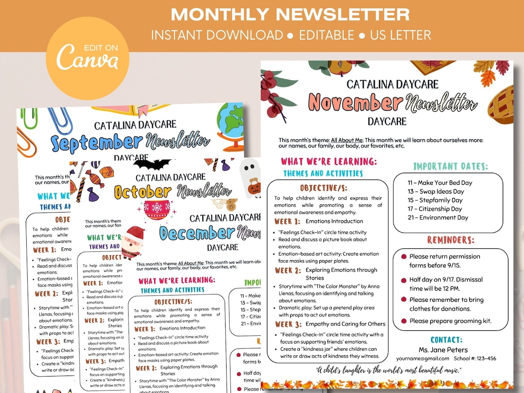 Seasonal Monthly Classroom Newsletter Template, Editable Canva ...
