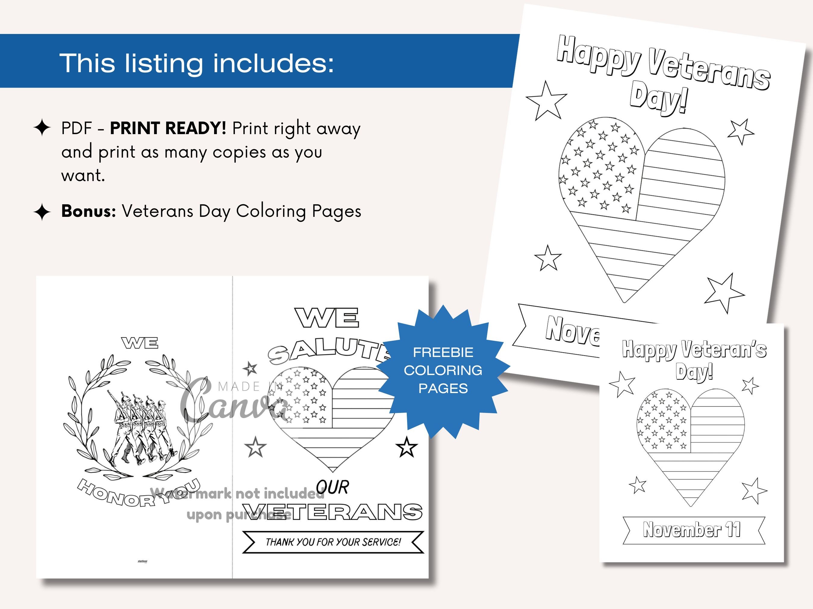 Happy Veterans Day Card Coloring Page Veterans Day Thank You - Etsy