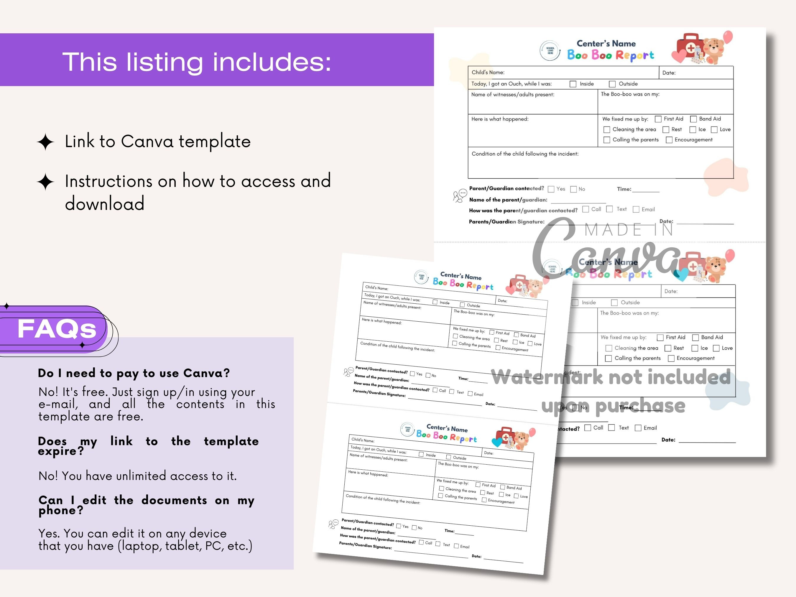 Daycare Boo Boo Report Form Incident Report Form Accident Ouch Report ...