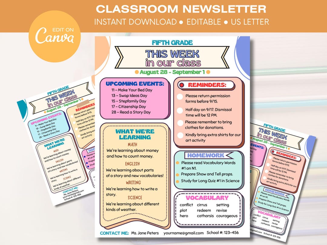 Monthly Classroom Newsletter, Colorful Class Newsletter, Weekly ...