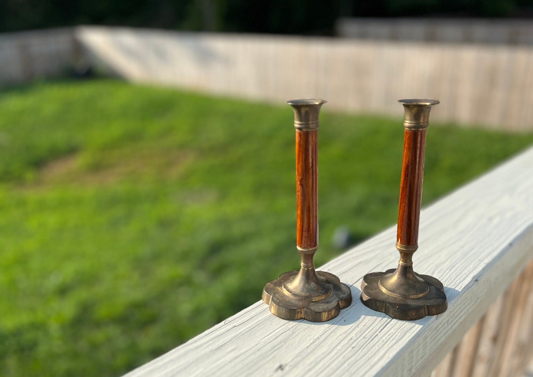 Bedknobs and Candlesticks Vintage Brass and Wood Candlesticks - Etsy