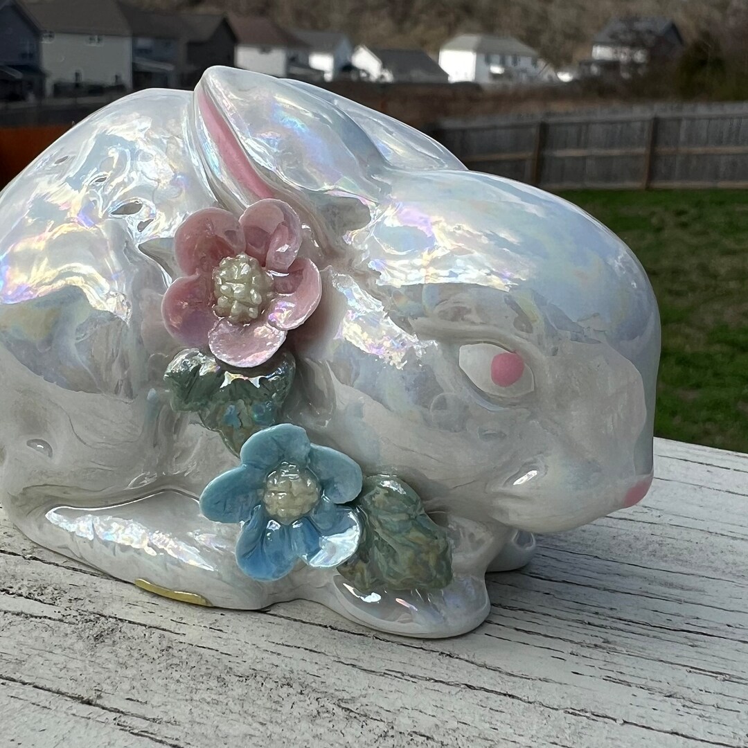 Vintage Enesco Luster Finish Bunny Figurine With Flower Details, 1980s ...