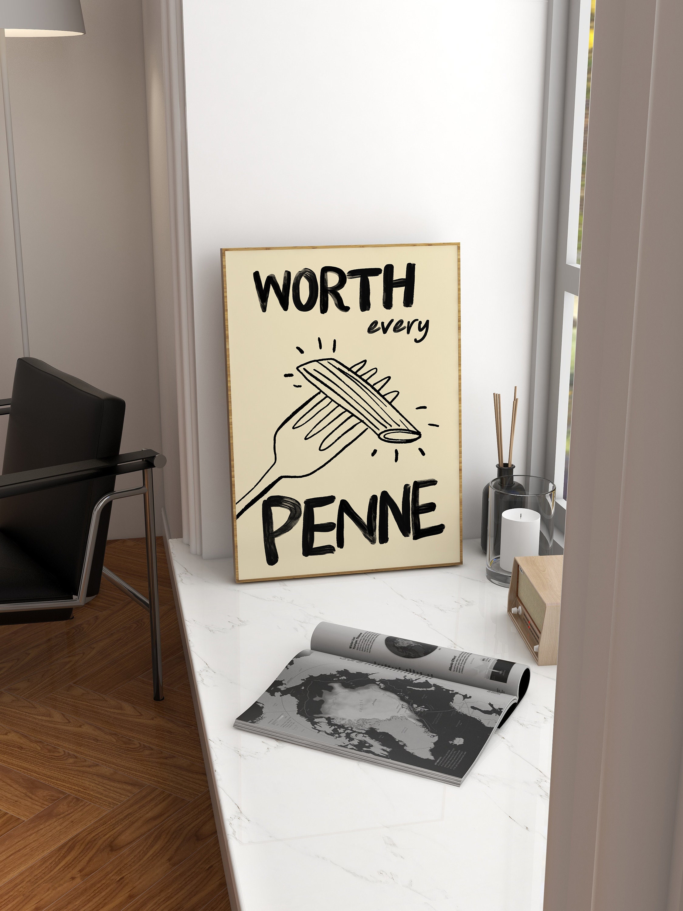 Worth Every Penne Poster, Pasta Night Poster, Hand Drawn Kitchen Art ...