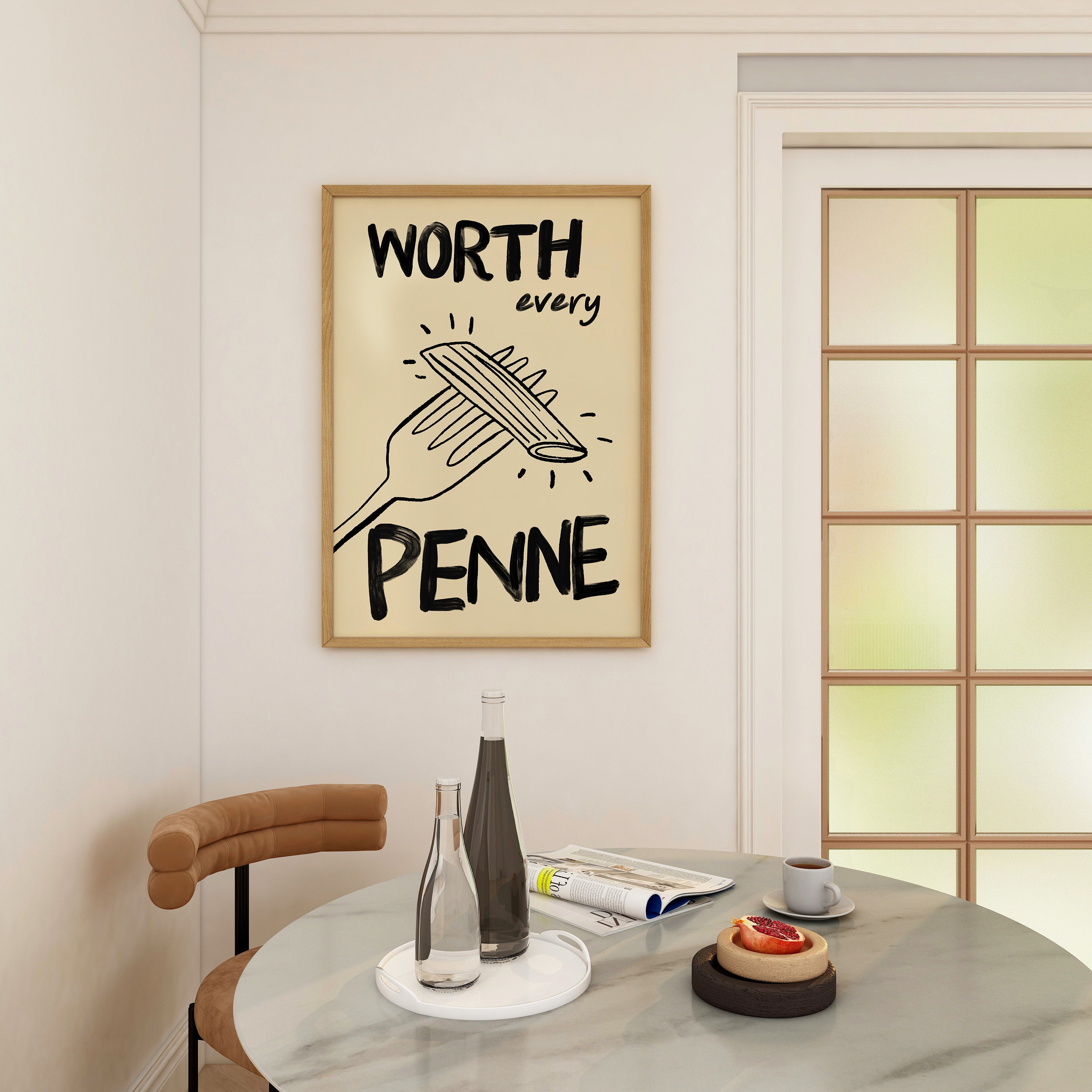 Worth Every Penne Poster, Pasta Night Poster, Hand Drawn Kitchen Art ...