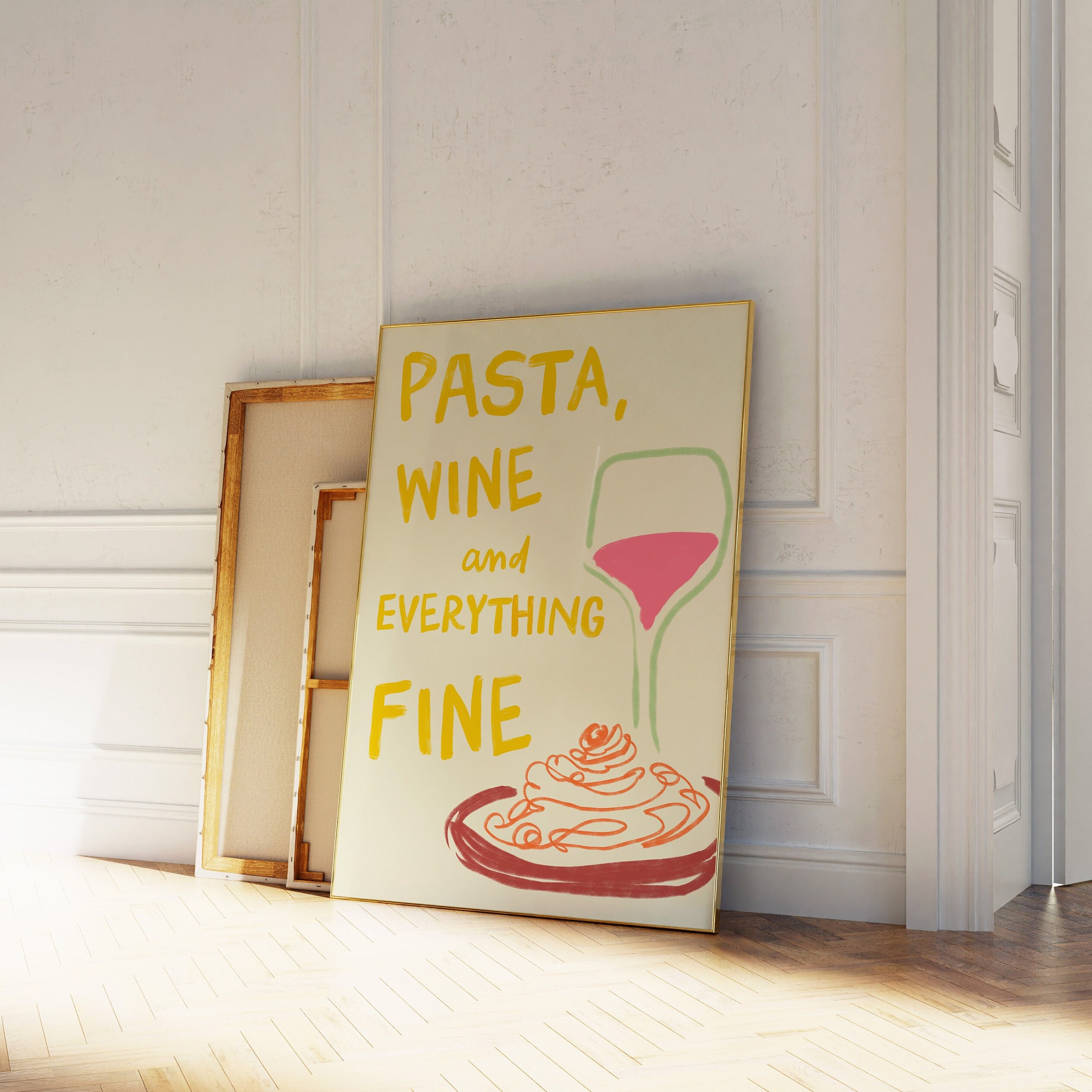 Hand Drawn Pasta and Wine Print, Spaghetti and Wine Italian Food Poster ...