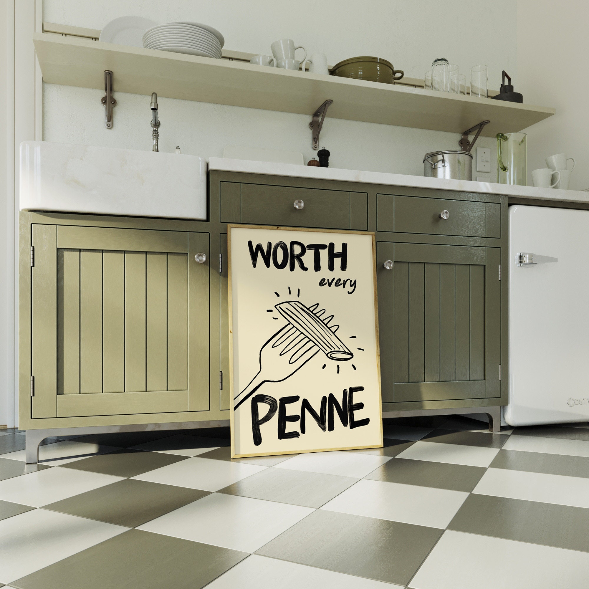 Worth Every Penne Poster, Pasta Night Poster, Hand Drawn Kitchen Art ...