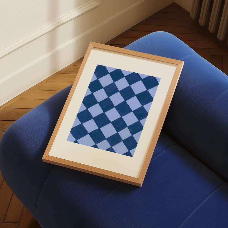 Blue Checkered Wall Art, Colorful Art Deco Modern Room Decor, Funky ...