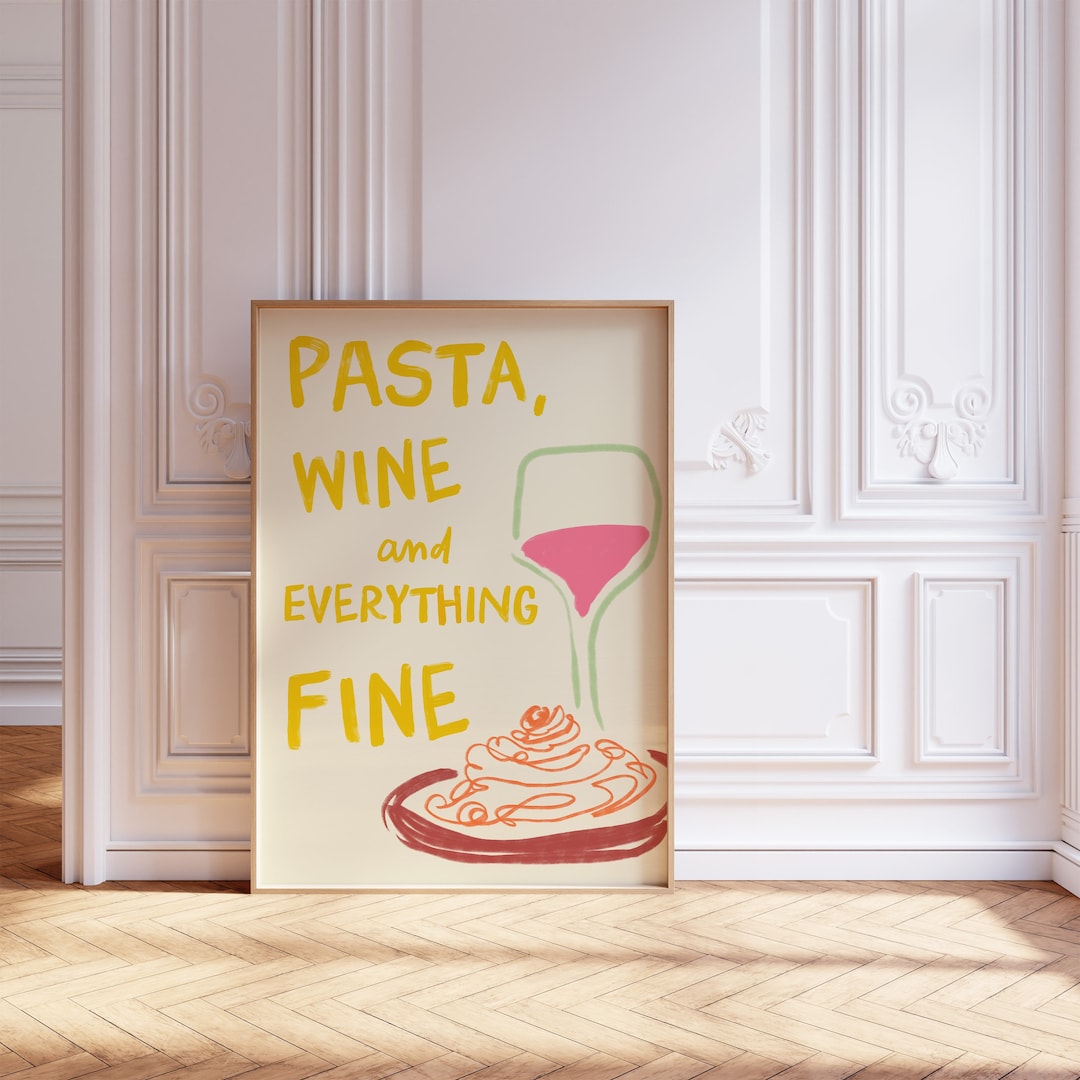 Hand Drawn Pasta and Wine Print, Spaghetti and Wine Italian Food Poster ...