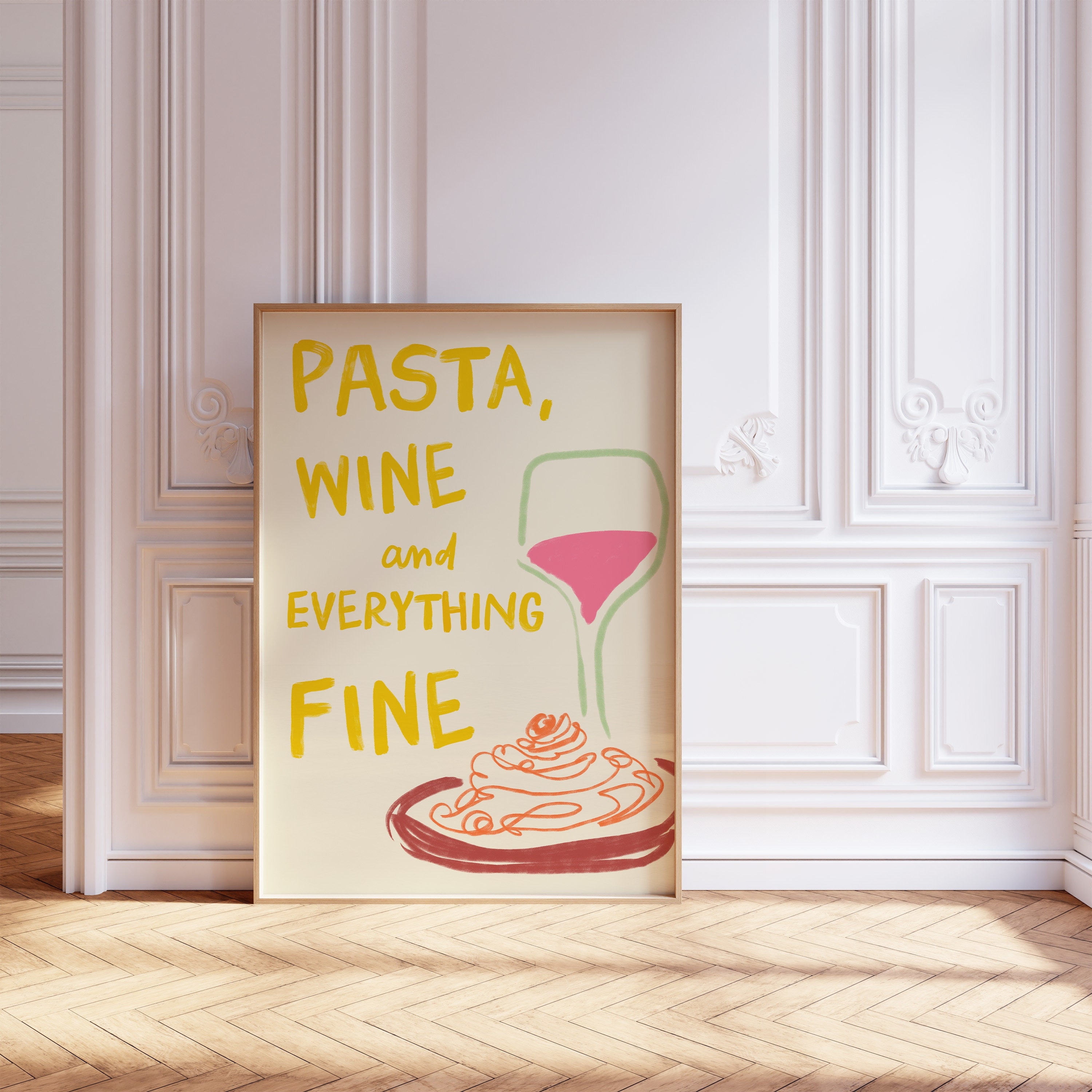 Hand Drawn Pasta and Wine Print, Spaghetti and Wine Italian Food Poster ...
