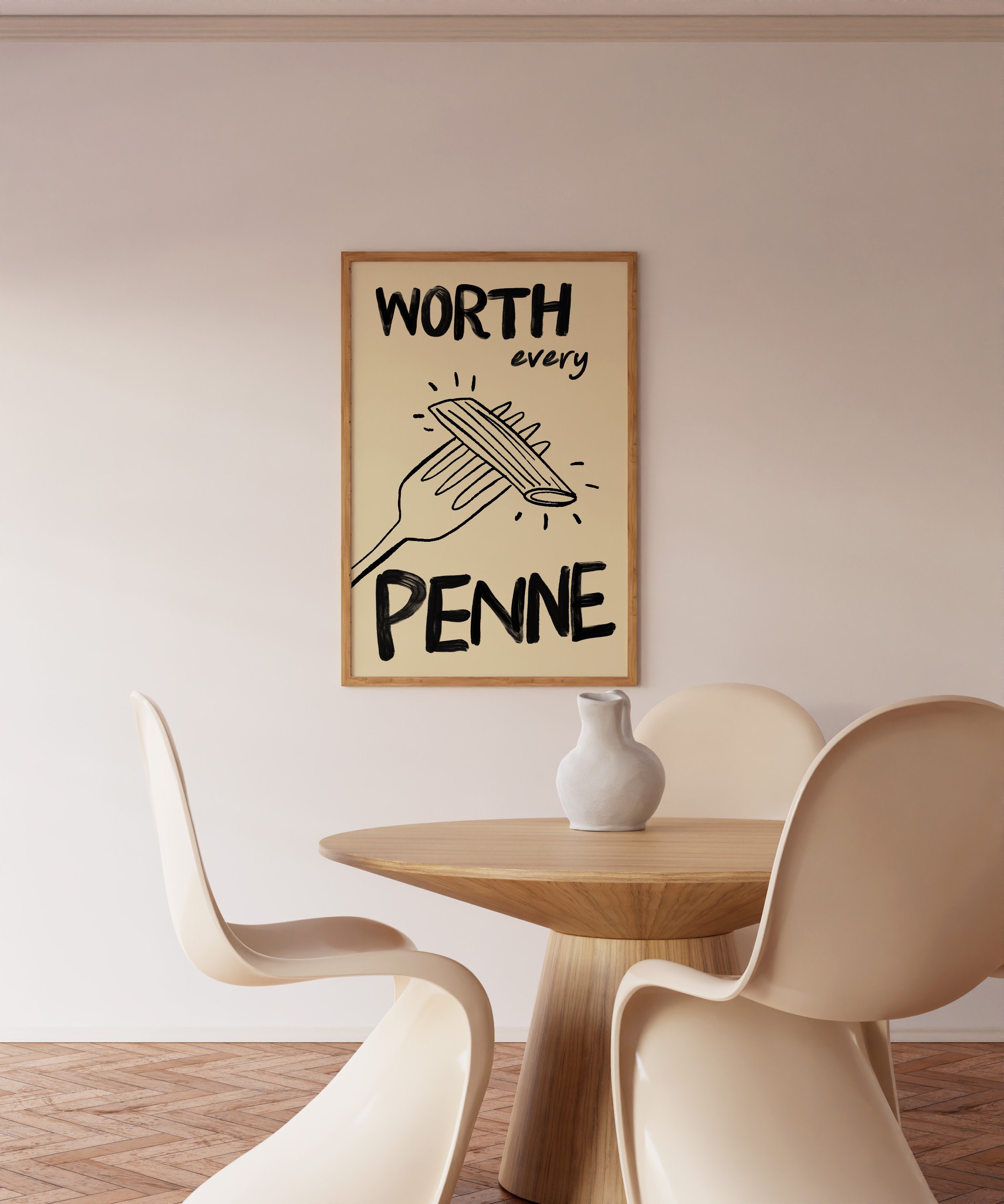 Worth Every Penne Poster, Pasta Night Poster, Hand Drawn Kitchen Art ...