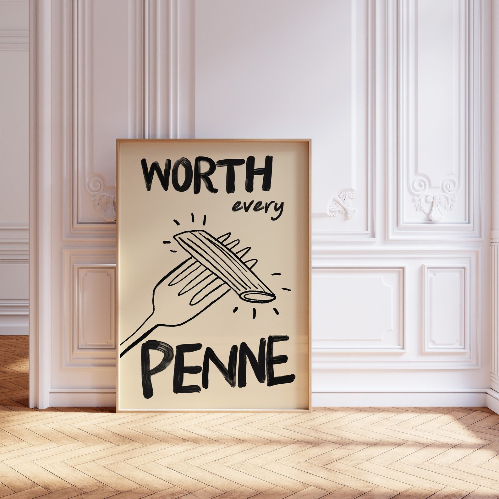 Worth Every Penne Poster, Pasta Night Poster, Hand Drawn Kitchen Art ...