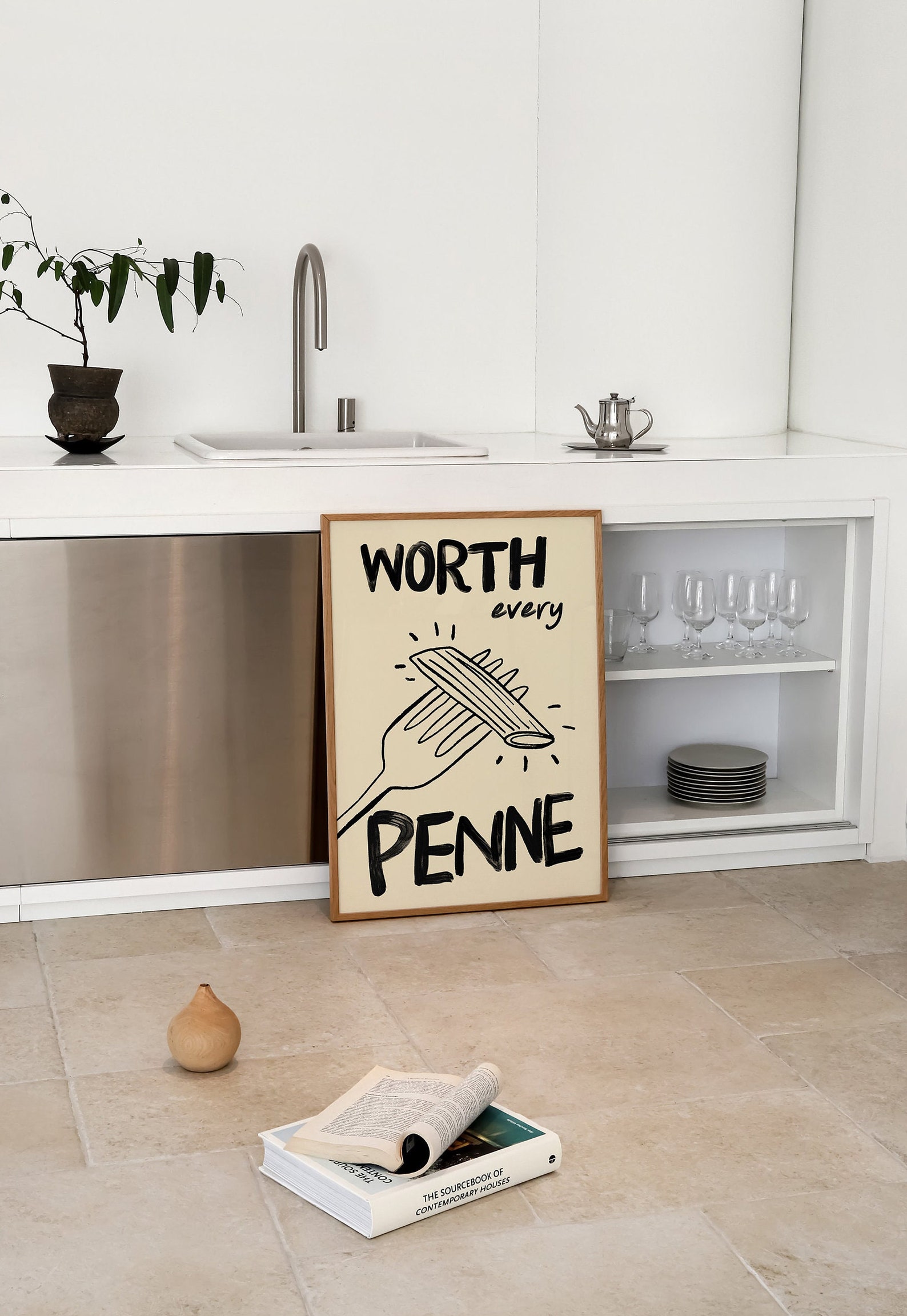 Worth Every Penne Poster, Pasta Night Poster, Hand Drawn Kitchen Art ...
