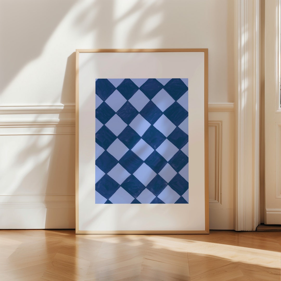 Blue Checkered Wall Art, Colorful Art Deco Modern Room Decor, Funky ...