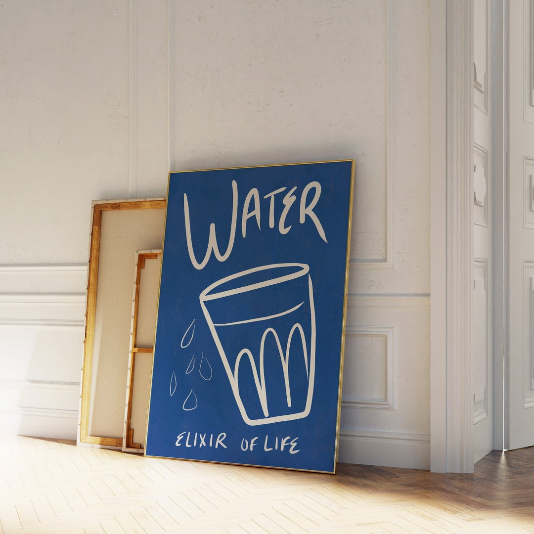 Water Poster, Hand Drawn, Mid Century Print, Aesthetic Blue Poster ...