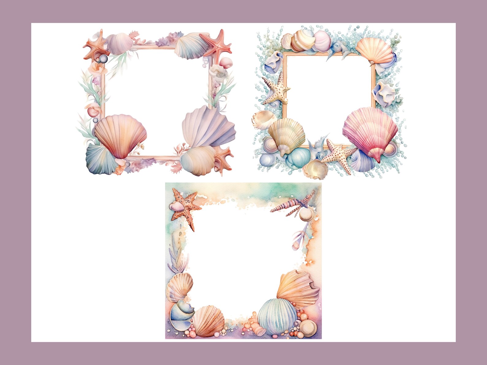 Watercolor Nautical Seashell Frame Clip Art | Nautical Clipart | Shell ...