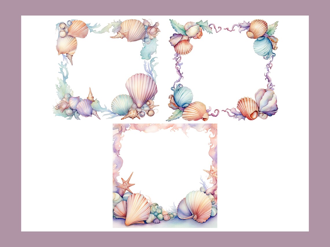 Watercolor Nautical Seashell Frame Clip Art | Nautical Clipart | Shell ...