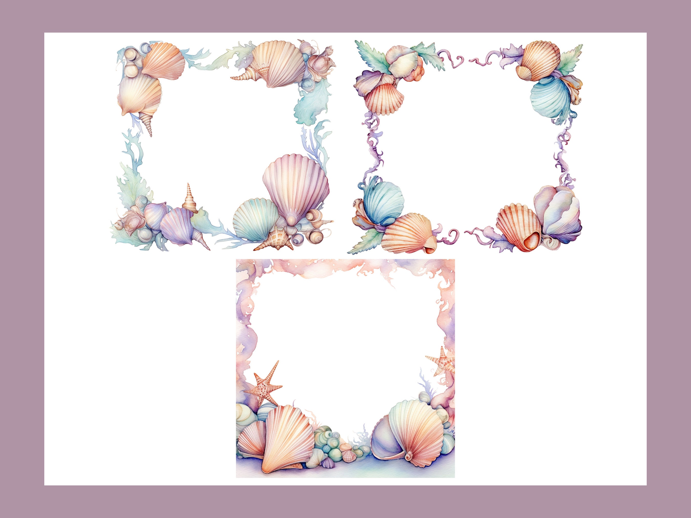 Watercolor Nautical Seashell Frame Clip Art | Nautical Clipart | Shell ...