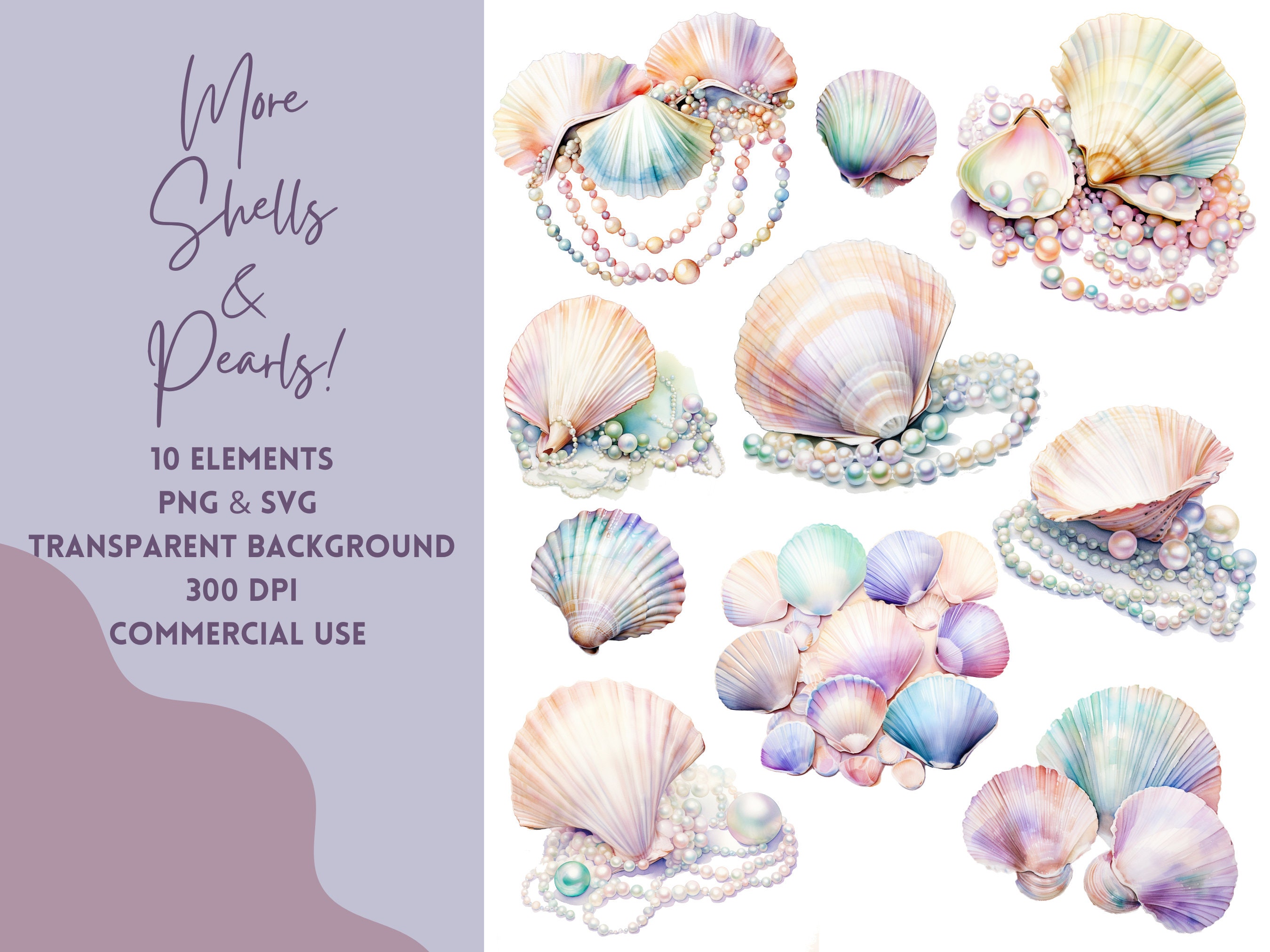 Watercolor Shell Clip Art Clipart Pearl Gift for Her - Etsy