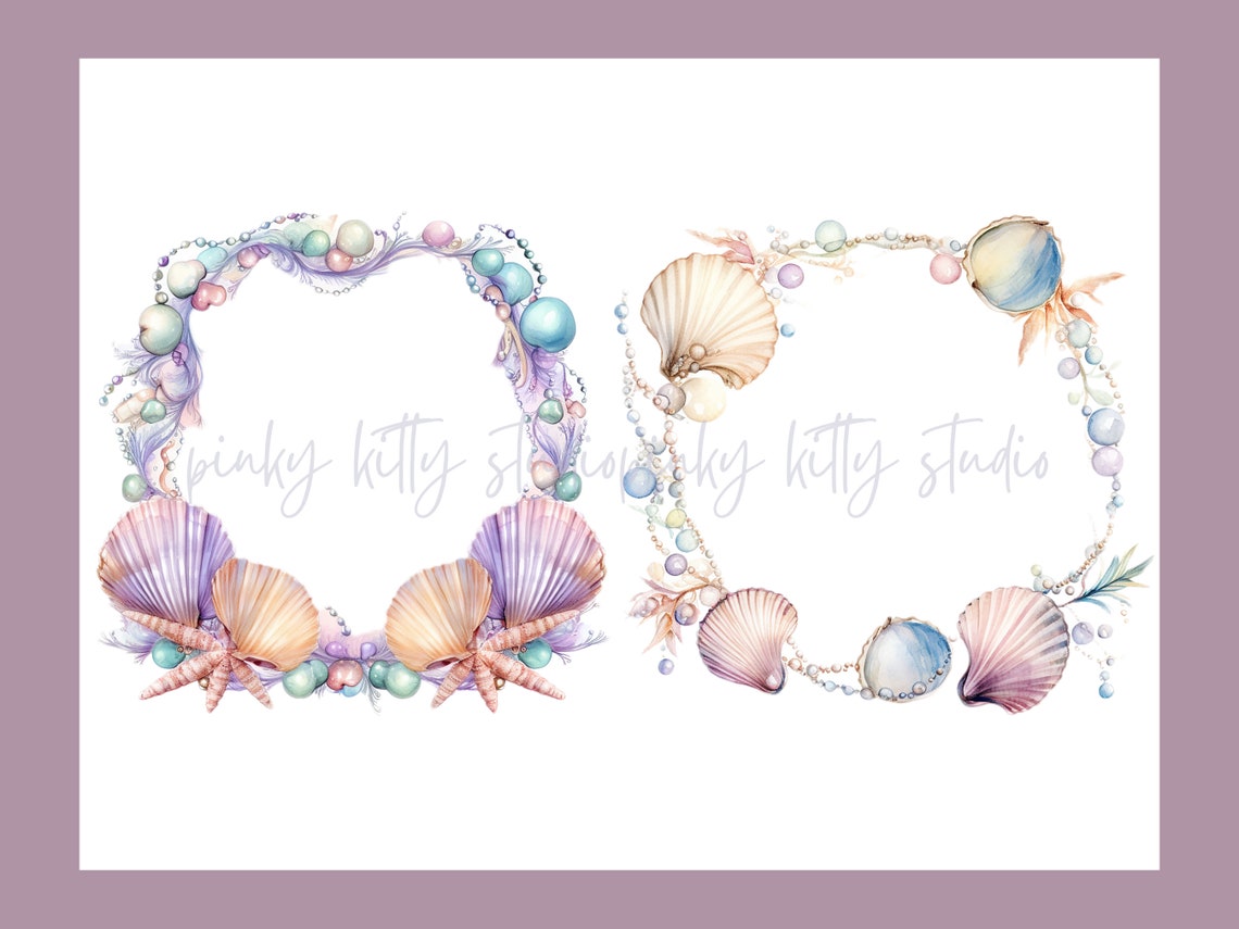 Watercolor Seashell Frame Clip Art Shell and Pearl Clipart Pearl Decor ...