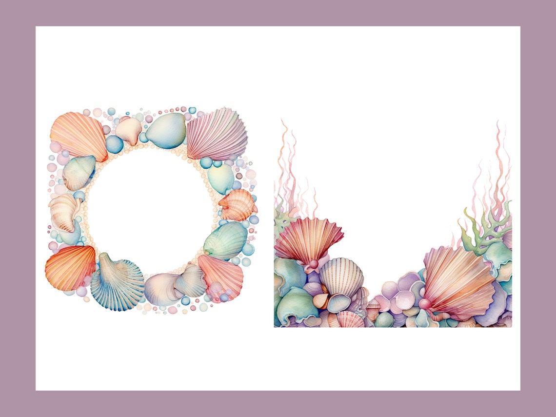 Watercolor Nautical Seashell Frame Clip Art Nautical Clipart Shell ...