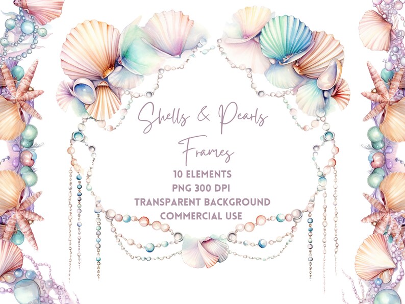 Watercolor Seashell Frame Clip Art | Shell and Pearl Clipart | Pearl ...