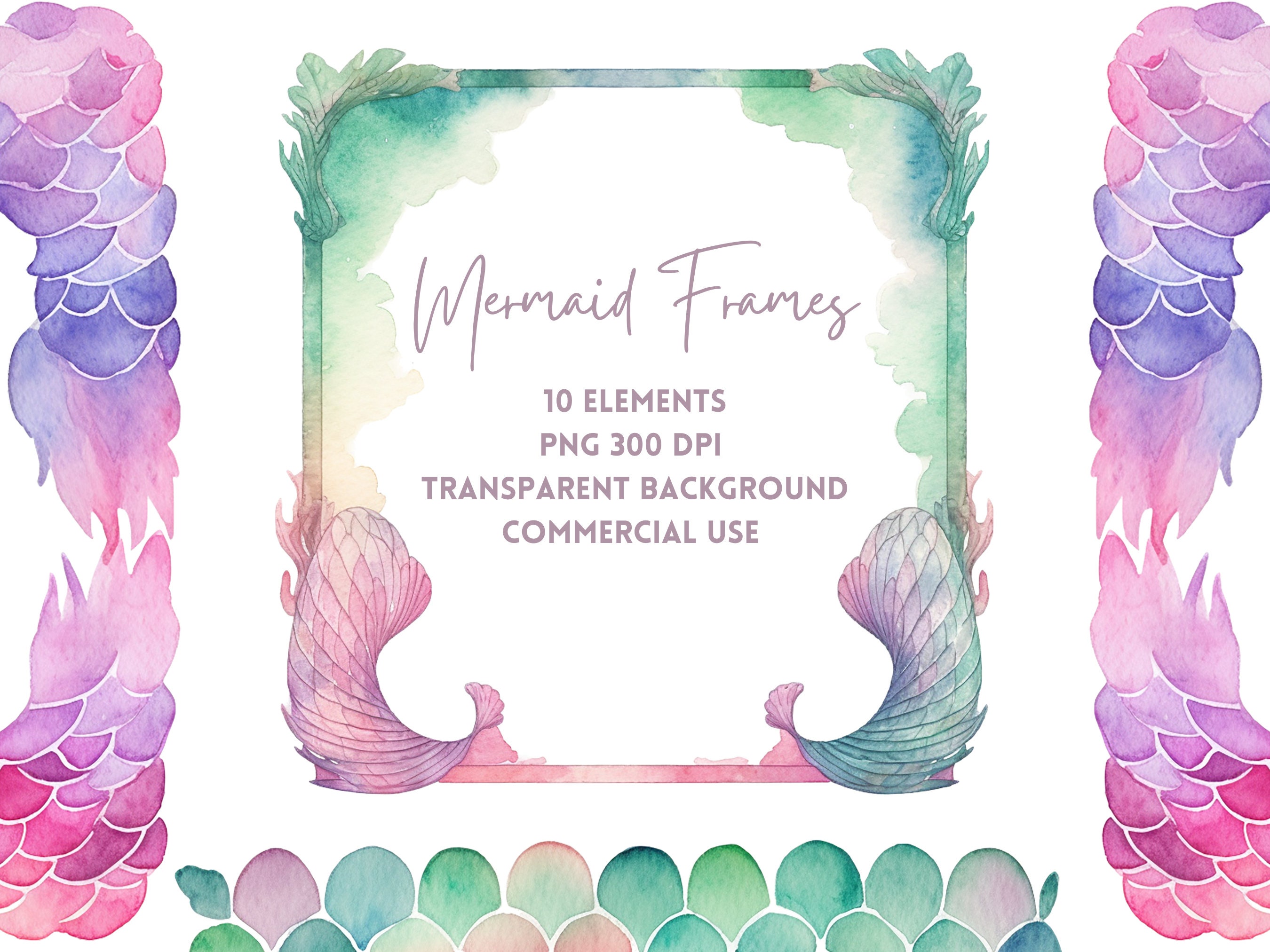 Watercolor Mermaid Frame Clip Art | Nautical Clipart | Ocean Decor ...
