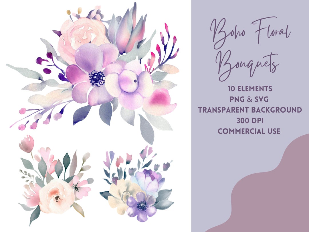 Boho Floral Watercolor Clip Art | Clipart Boho Floral Bouquet | Gift ...