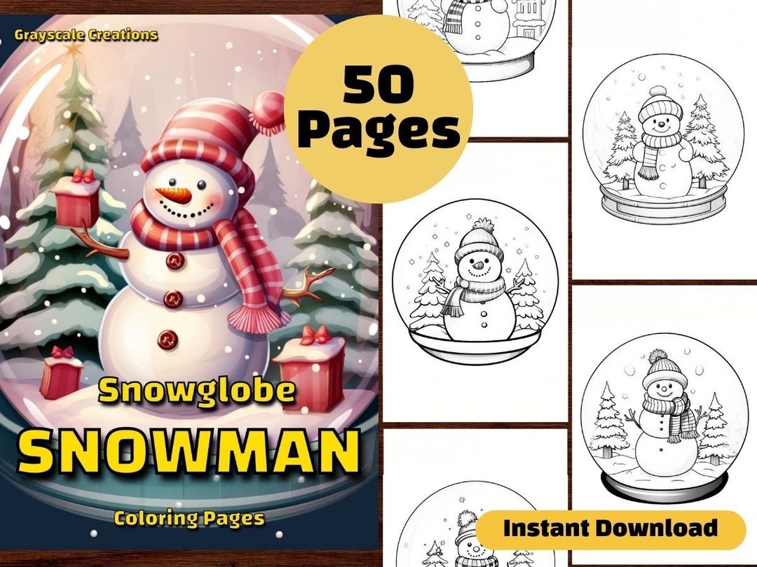 50 Snowman Snowglobe Coloring Page Book, Snow Glass Creature Christmas ...