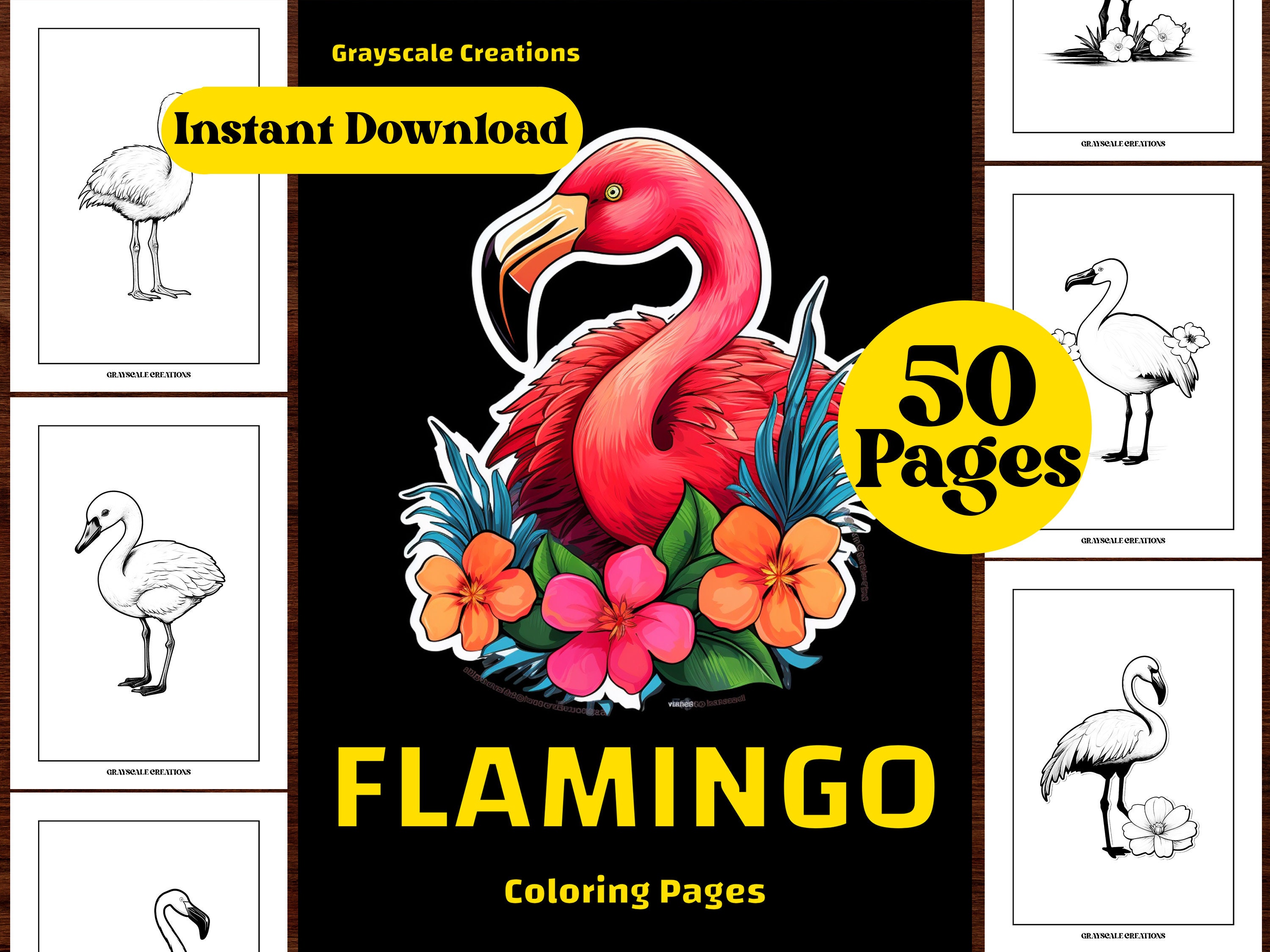 50 Flamingo Animal Coloring Page Book, Woodland Wildlife Fantasy ...