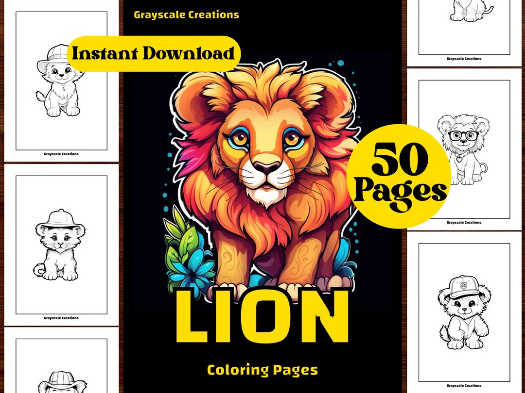 50 Lion Animal Coloring Page Book, Woodland Wildlife Fantasy, Birthday ...