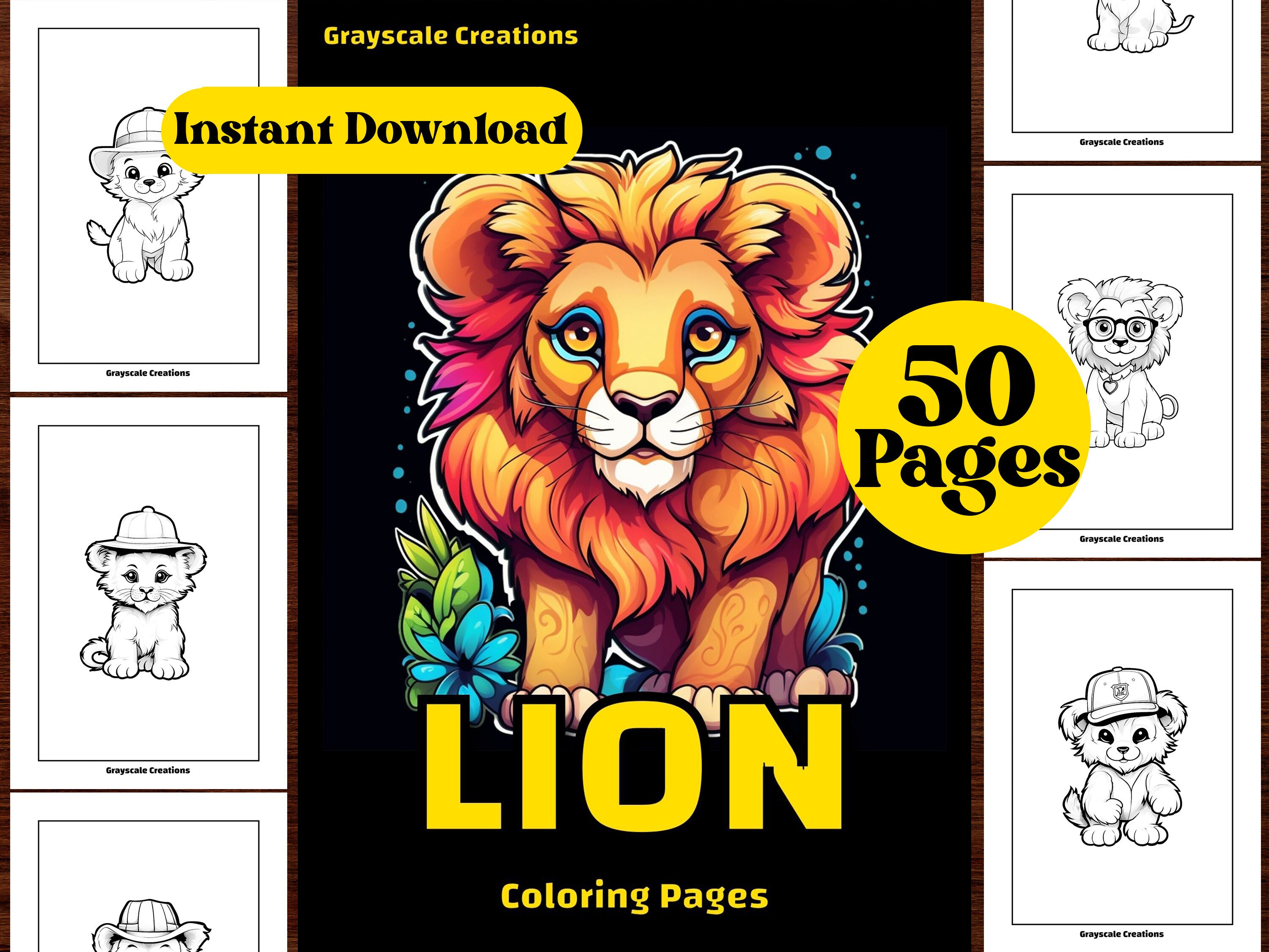 50 Lion Animal Coloring Page Book, Woodland Wildlife Fantasy, Birthday ...