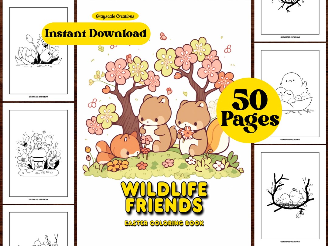 50 Easter Wildlife Coloring Page Book, Easter Activity, Cute Cozy ...