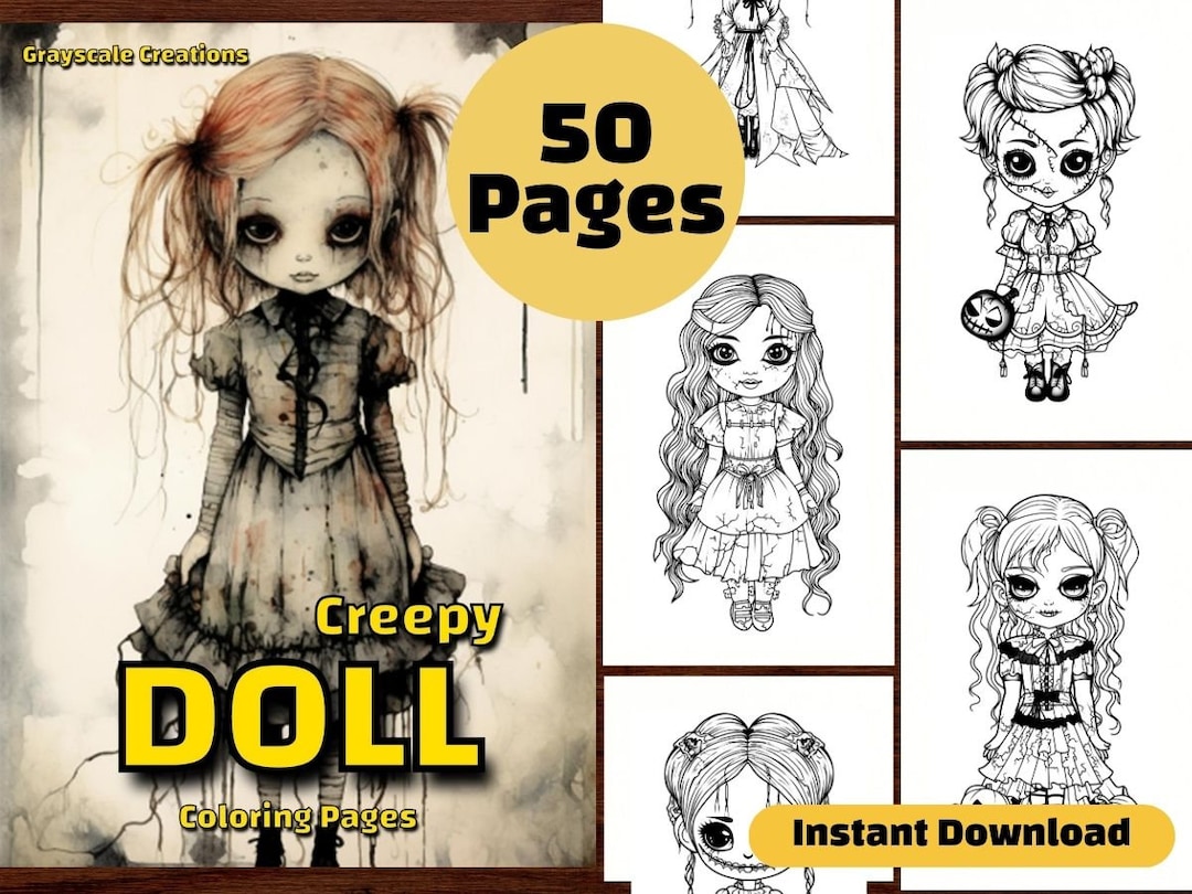 50 Creepy Doll Coloring Page Book, Halloween Creepy Chibi Horror ...