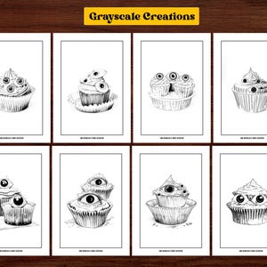 50 Cupcake Eyeballs Coloring Page Book, Halloween Cartoon Creepy ...