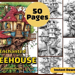 50 Enchanted Treehouse Coloring Page Book, Printable PDF Sheets ...