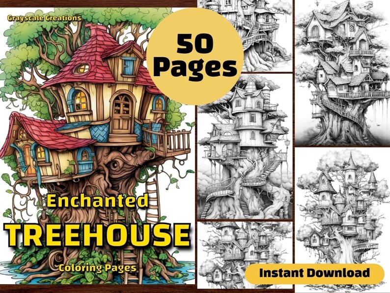 50 Enchanted Treehouse Coloring Page Book, Printable PDF Sheets ...