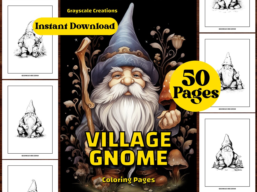 50 Village Gnome Coloring Page Book, Fantasy Enchanted Creatures ...