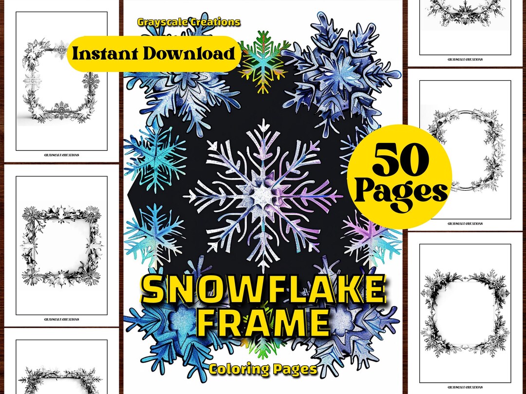 50 Snowflake Frame Coloring Page Book, Christmas Creature Xmas Winter ...