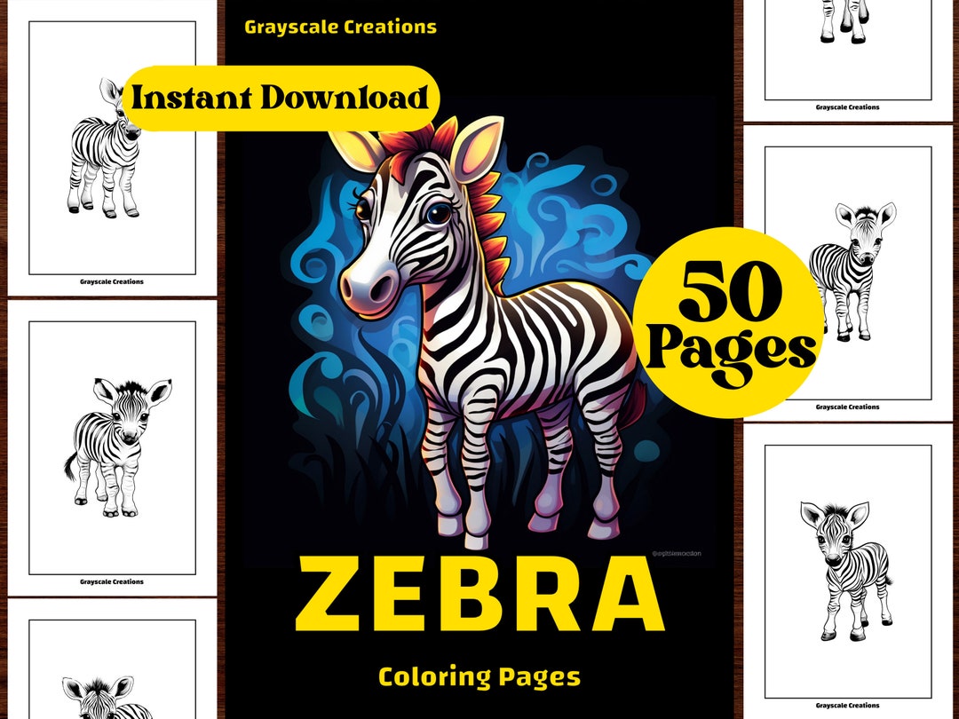 50 Zebra Animal Coloring Page Book, Woodland Wildlife Fantasy, Birthday ...
