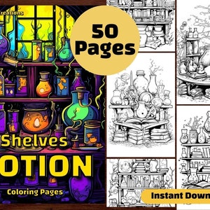 50 Magic Potion Shelves Coloring Page Book, Printable PDF Sheet ...