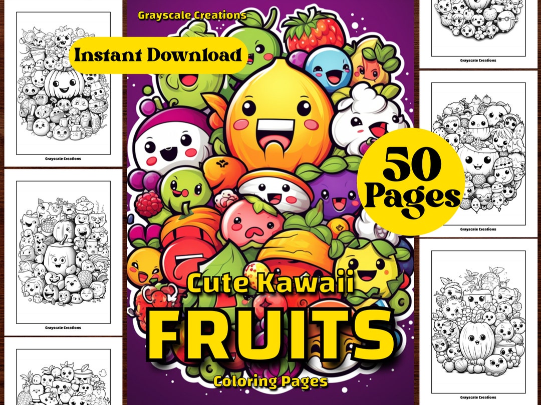 50 Fruit Kawaii Cute Doodle Coloring Page Book, Printable PDF Sheets ...