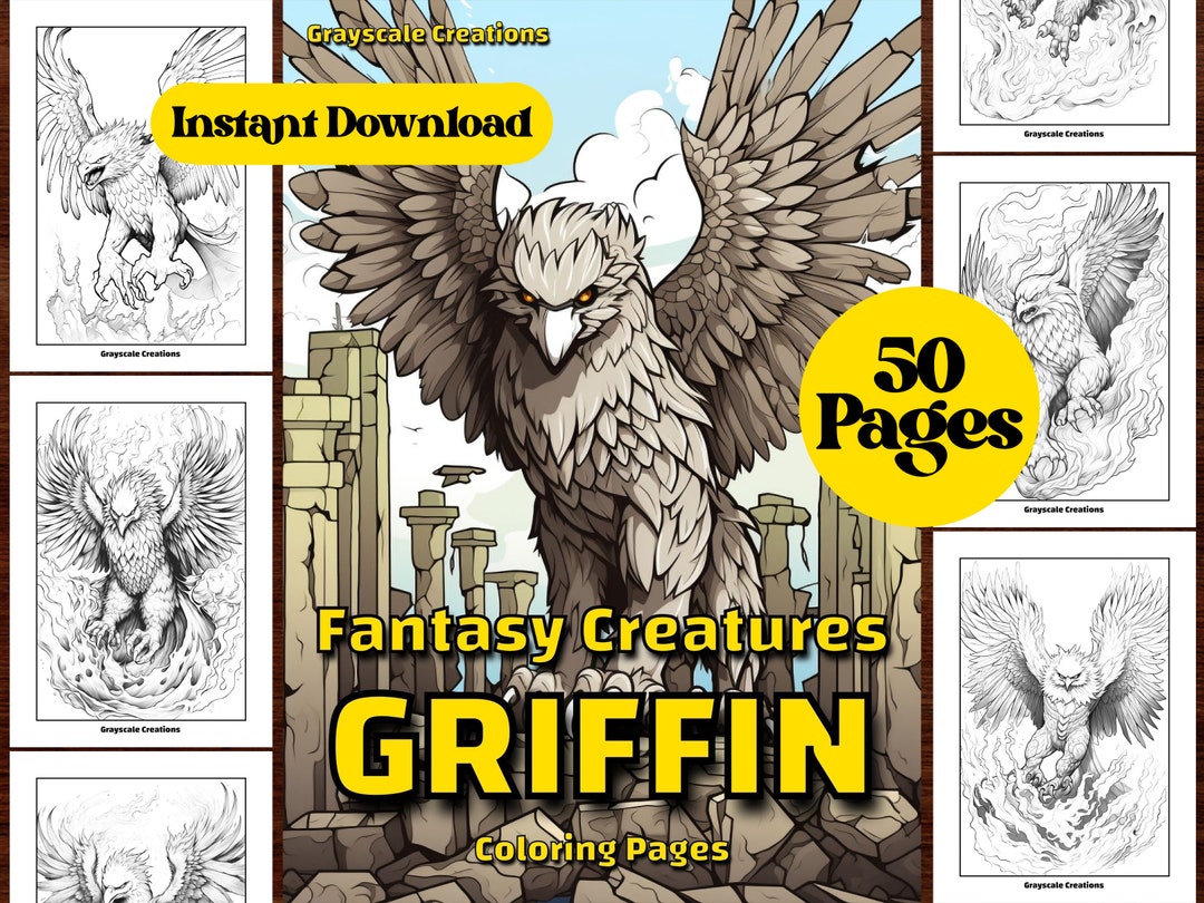 50 Griffin Coloring Page Book, Printable PDF Sheets, Instant Download ...